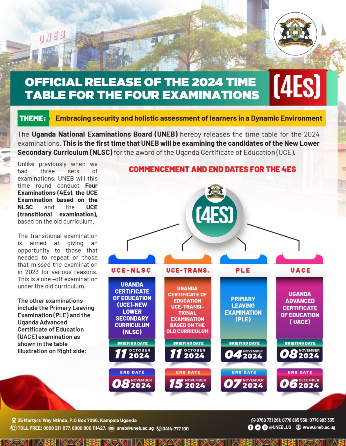 UNEB 2024 PLE, UCE and UACE timetables for primary seven, senior four and senior six exams ...